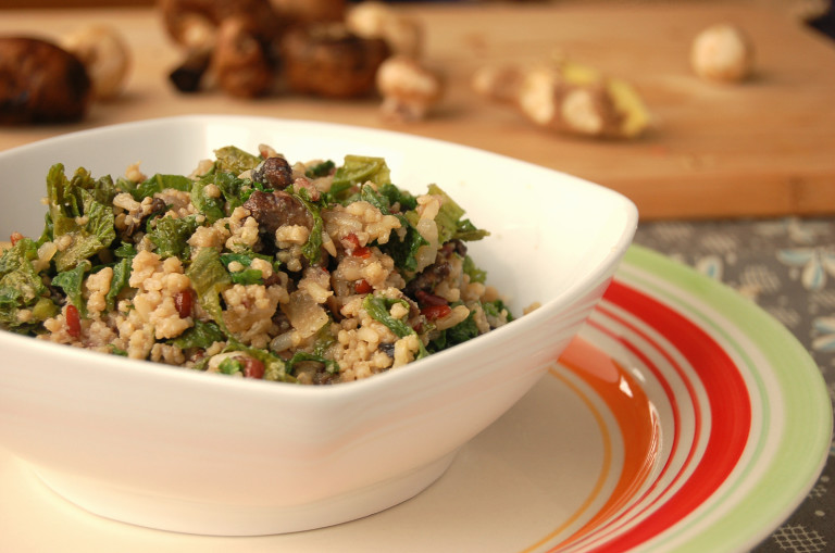 Gingery Fried Millet rice with Mushrooms and Mustard Greens